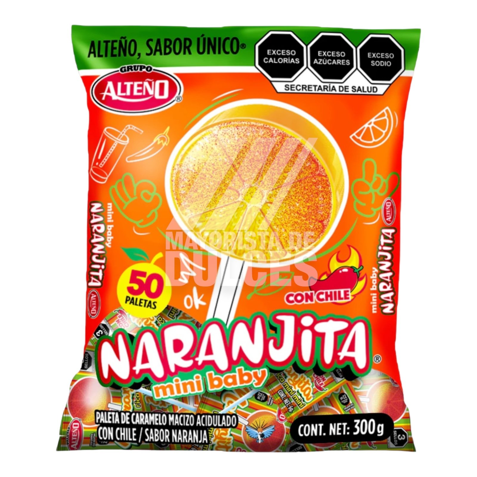 Alteño Mini Paleta 50´s NARANJITA bolsa con 50 piezas (Caja con 28 ...
